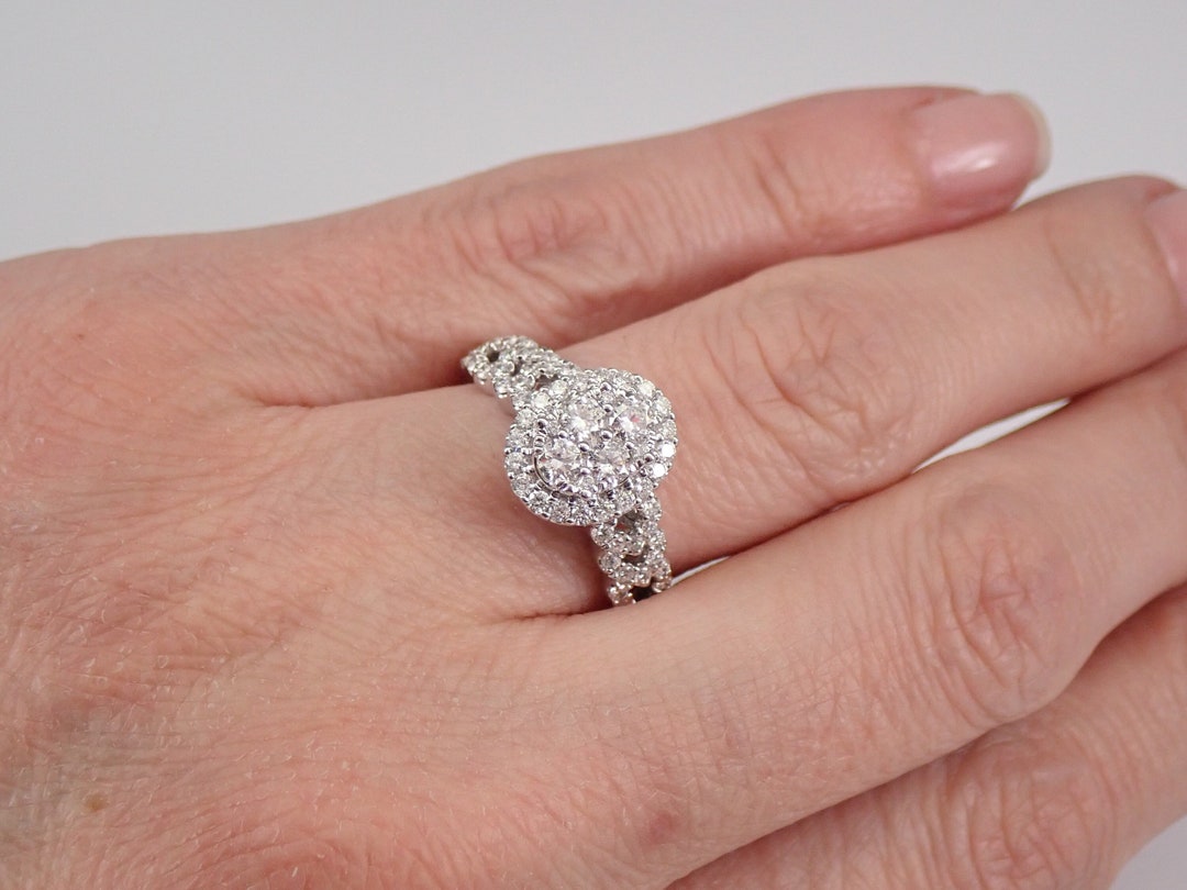 Genuine Oval Cluster Diamond Ring Solid White Gold Halo Engagement Ring Galaxy Gems Bridal Fine ...