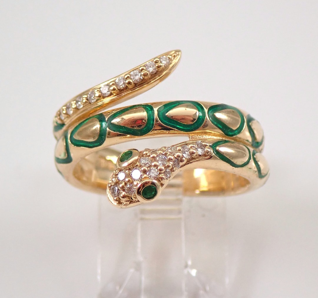 Green Enamel and Diamond Snake Ring - Solid 14K Yellow Gold Wraparound ...