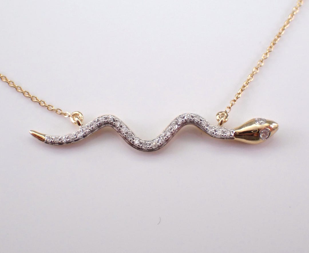 Yellow Gold Diamond Snake Necklace - Serpent Bar Pendant and Chain ...