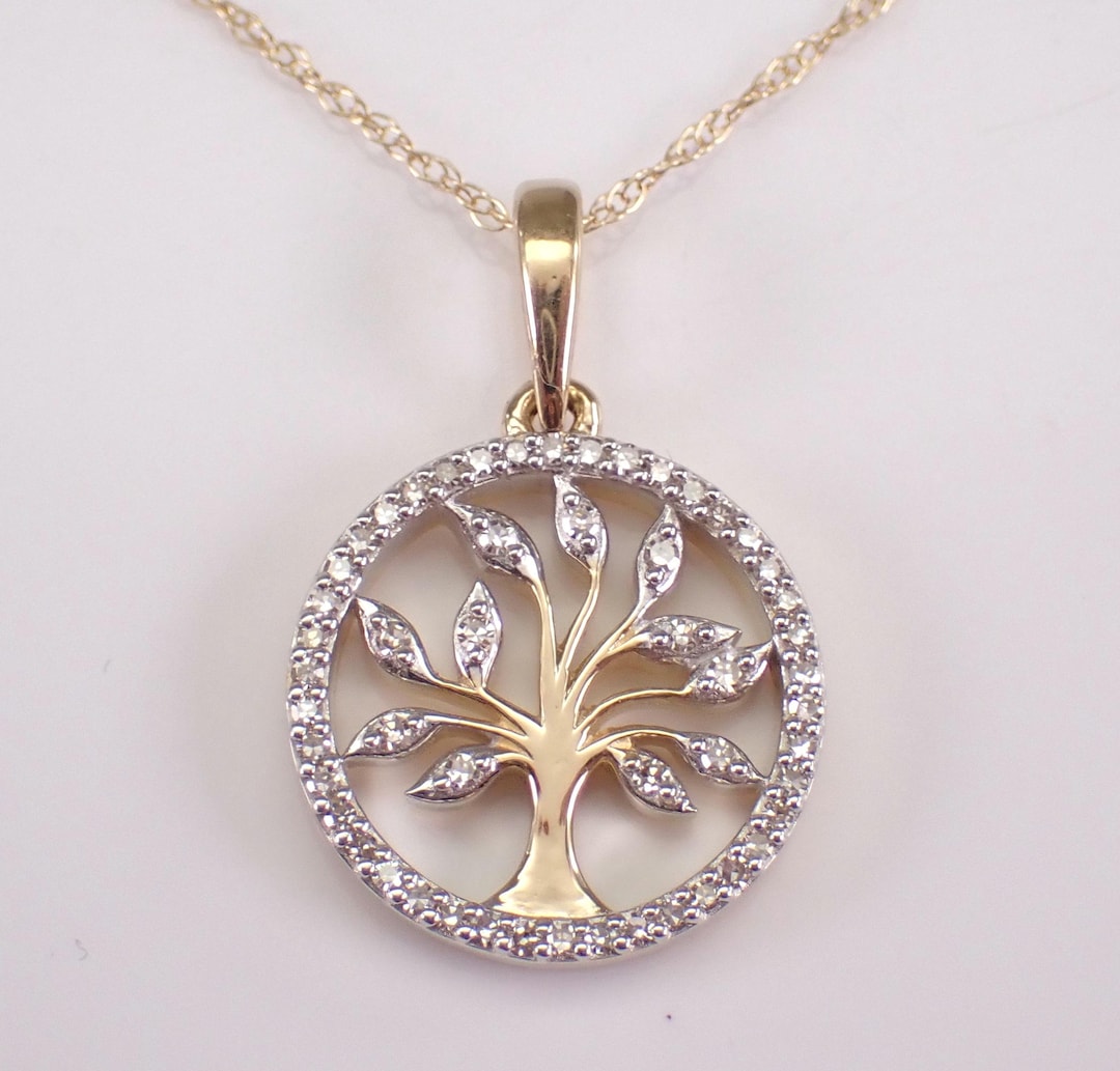 14K Yellow Gold Diamond TREE of LIFE Necklace - Dainty Circle Charm ...