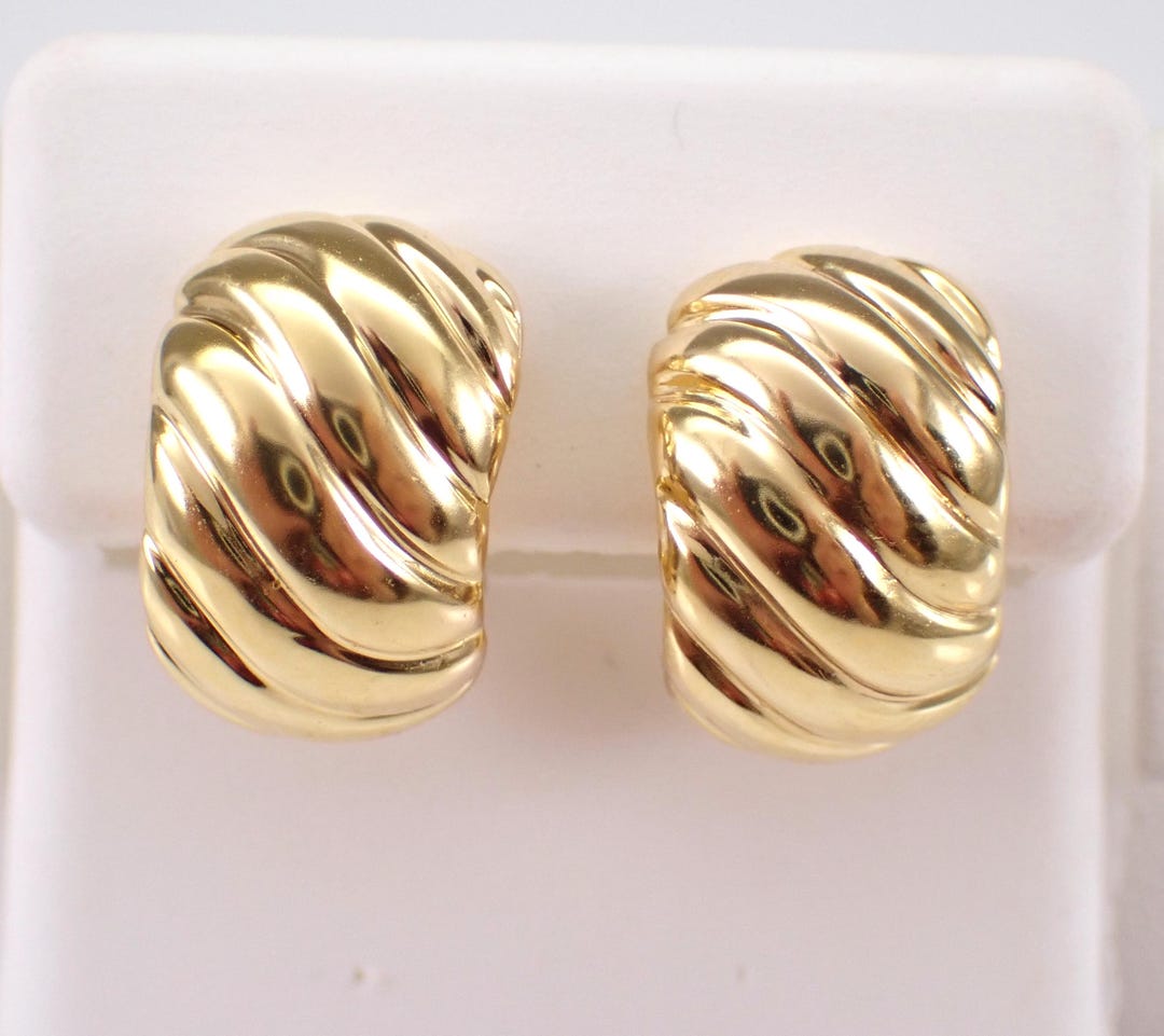 Vintage 18K Yellow Gold Earrings - Ribbed Half Hoop Huggies - Secure ...