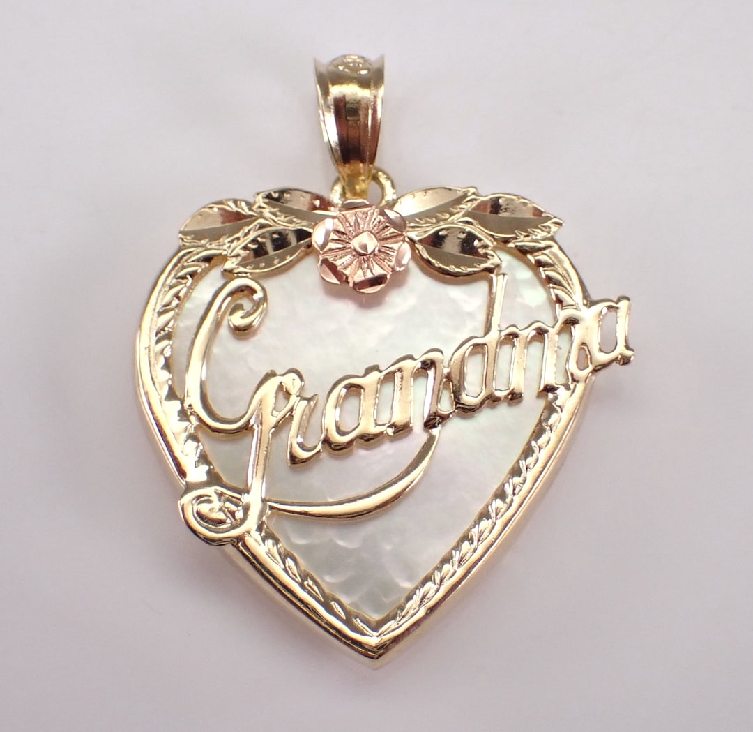 Vintage 14K Yellow Gold Grandma Charm - Mother of Pearl Heart Pendant ...