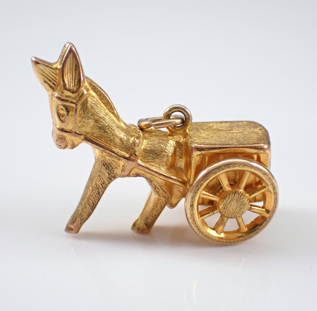 Vintage 9K Yellow Gold DONKEY Charm Pendant - Unique Horse Drawn ...