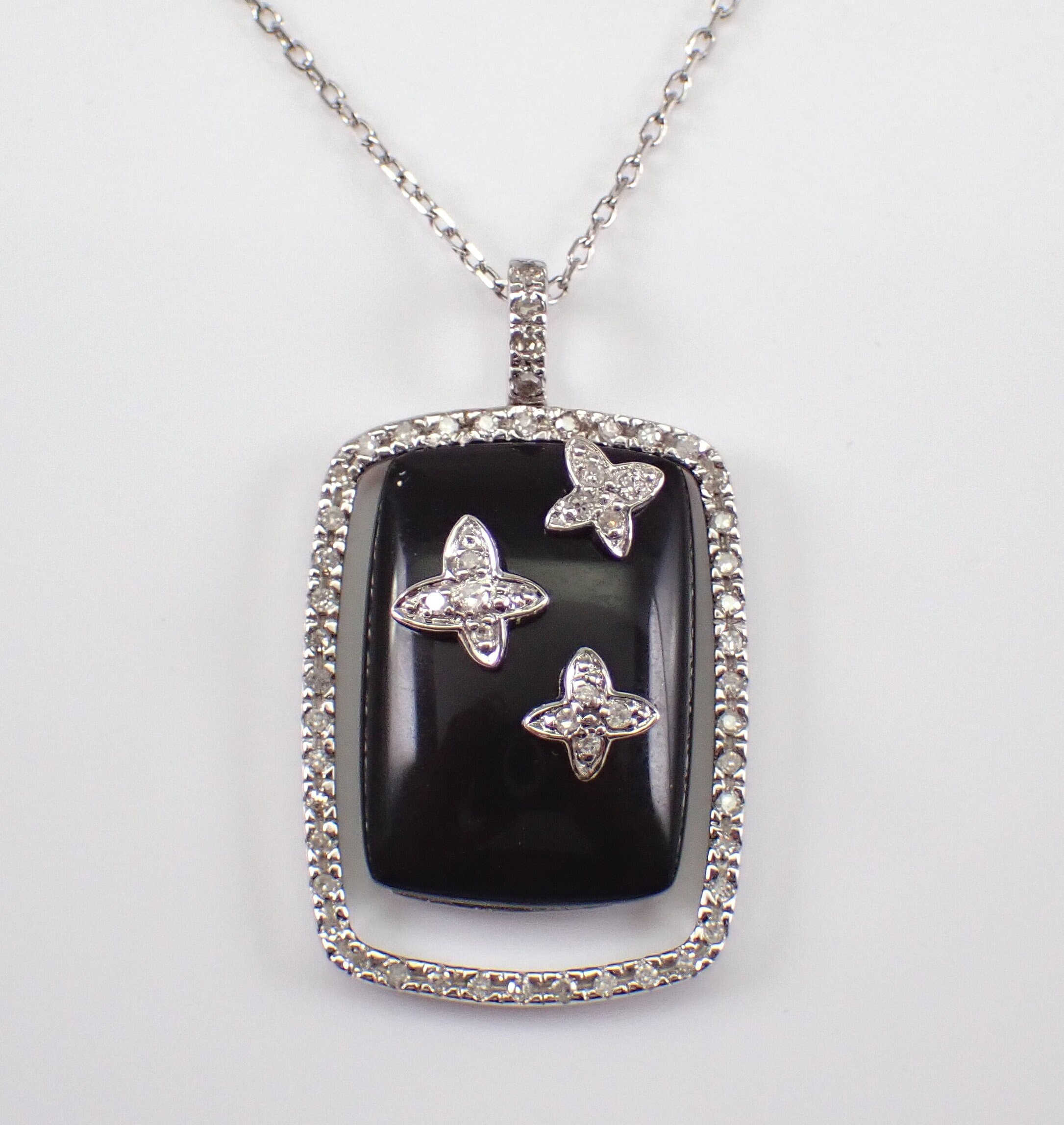 Onyx and Diamond Butterfly Necklace - White Gold Cluster Charm Pendant ...