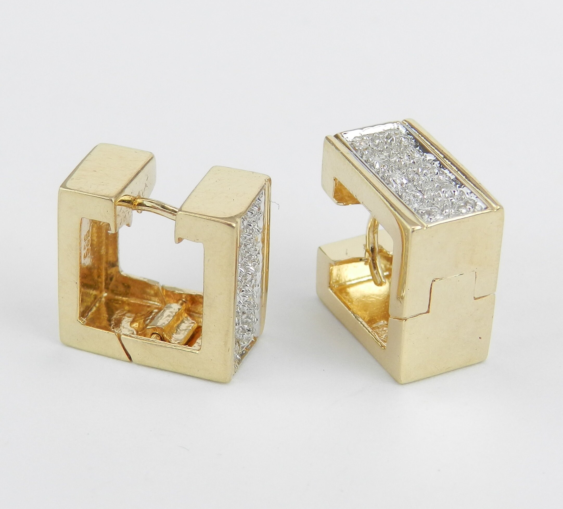 14K Yellow Gold Square Diamond Hoop Earrings Diamond Hoops Huggies Gift