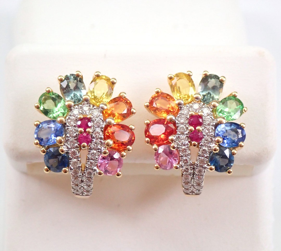 Multi Color Sapphire Earrings - Solid 18K Yellow Gold Jewelry - Diamond ...