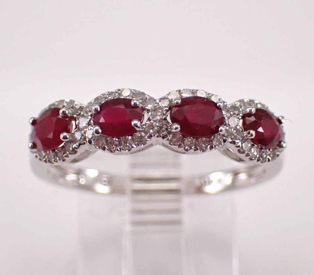 14K White Gold Ruby Wedding Ring - Diamond Halo Anniversary Band ...