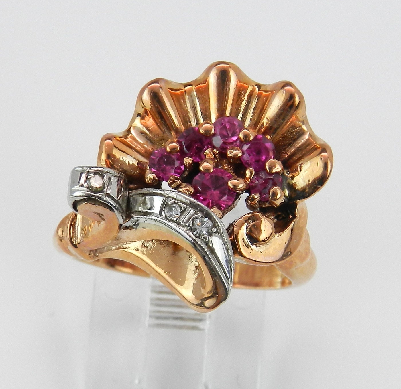 Antique Retro 14K Pink Rose Gold Diamond and Ruby Cocktail Statement Ring