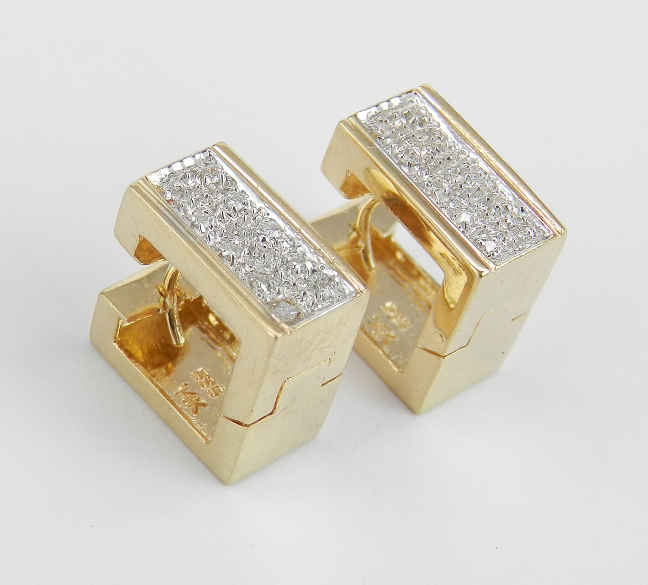 14K Yellow Gold Square Diamond Hoop Earrings Diamond Hoops Huggies Gift