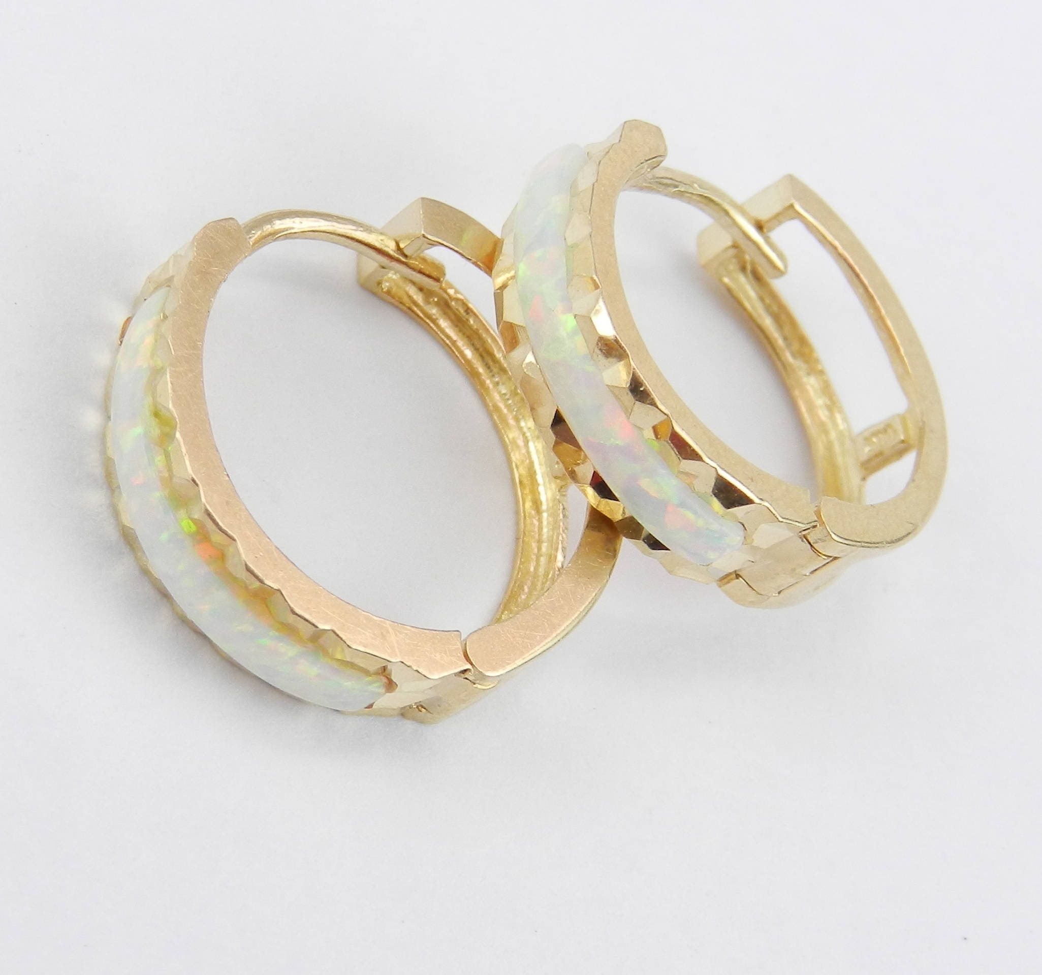 14K Yellow Gold Opal Inlay Hoop Earrings Hoops FREE SHIPPING Fine ...