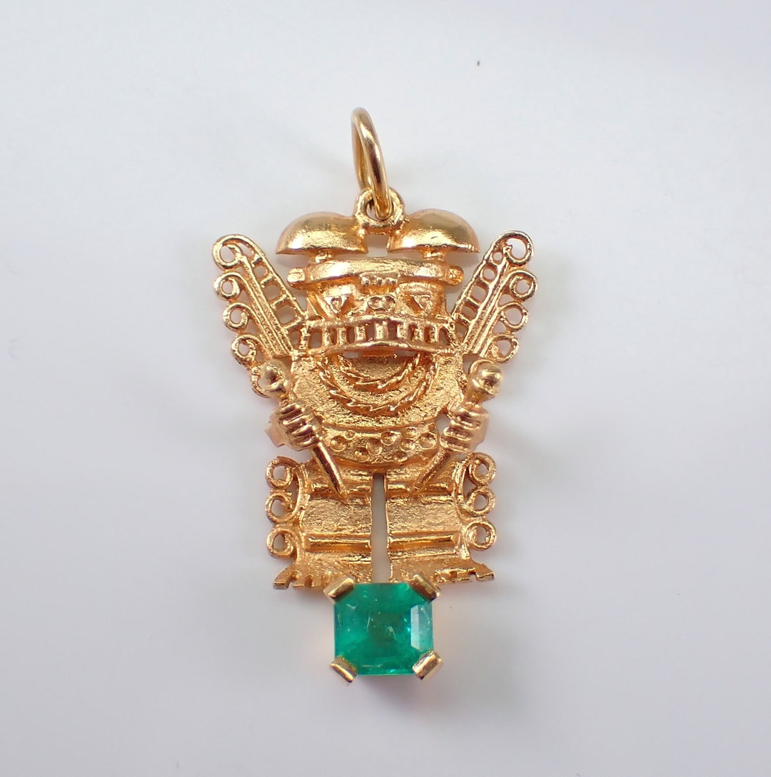 Vintage 18K Yellow Gold Totem Charm Pendant Estate Aztec Emerald Drop ...