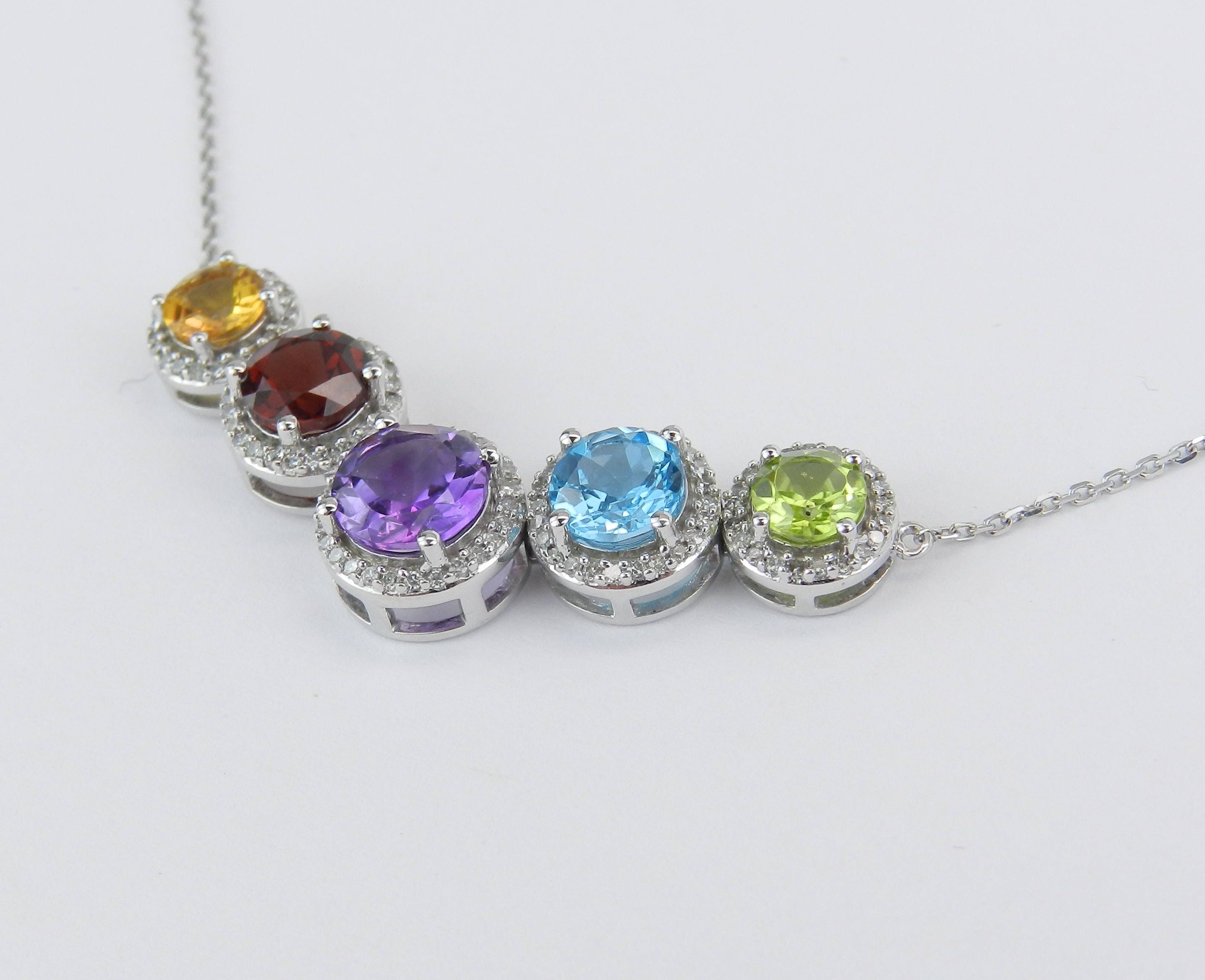 Multi Color Gemstone Diamond Halo Necklace White Gold 17.5 Chain Garnet ...