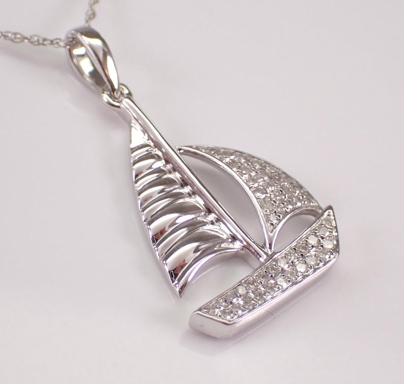 White Gold Diamond Sailboat Pendant and Chain: Cruise Ship Charm Boat ...