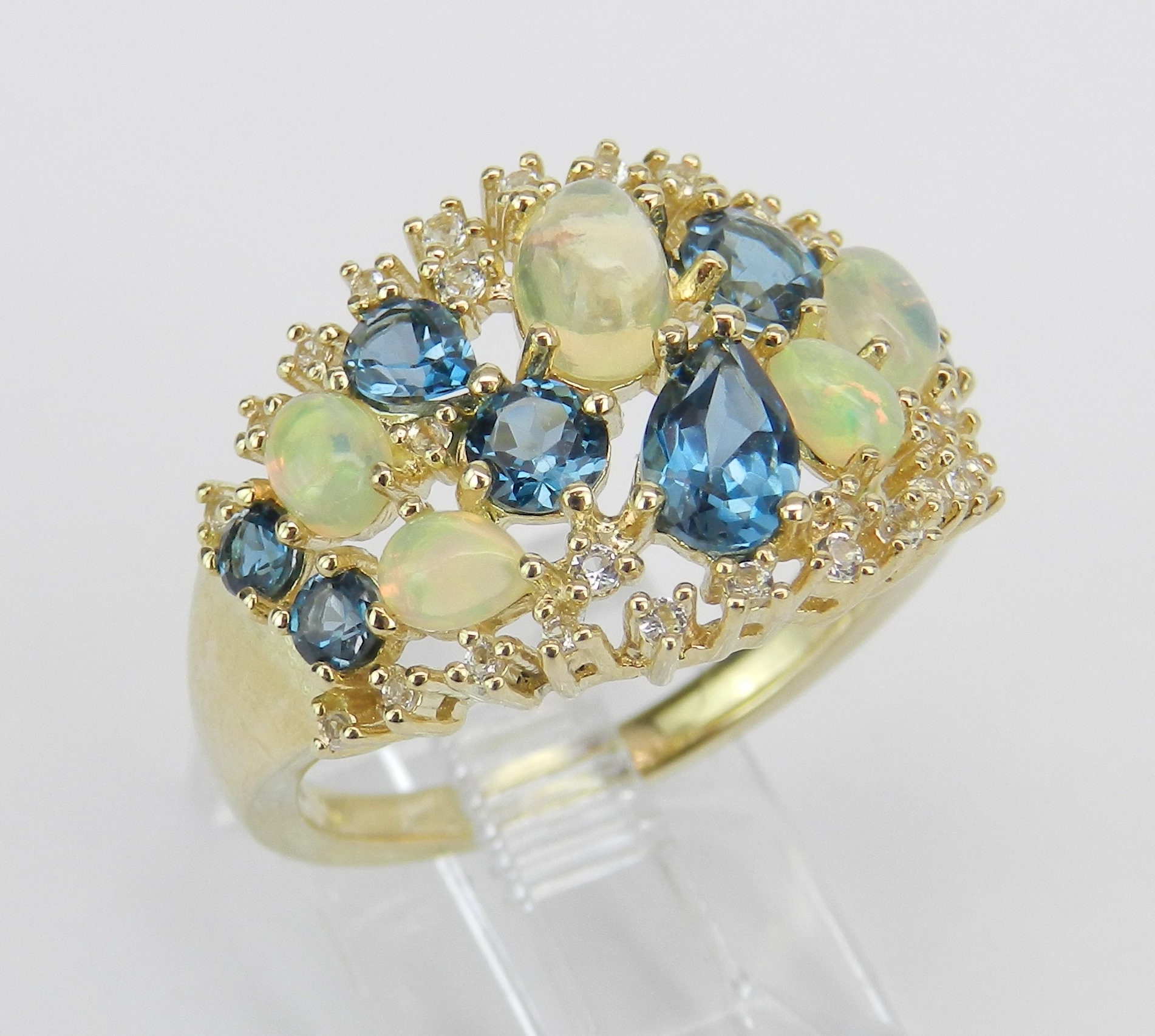 Yellow Gold Opal London Blue Topaz White Sapphire Cocktail Ring Size 7 ...