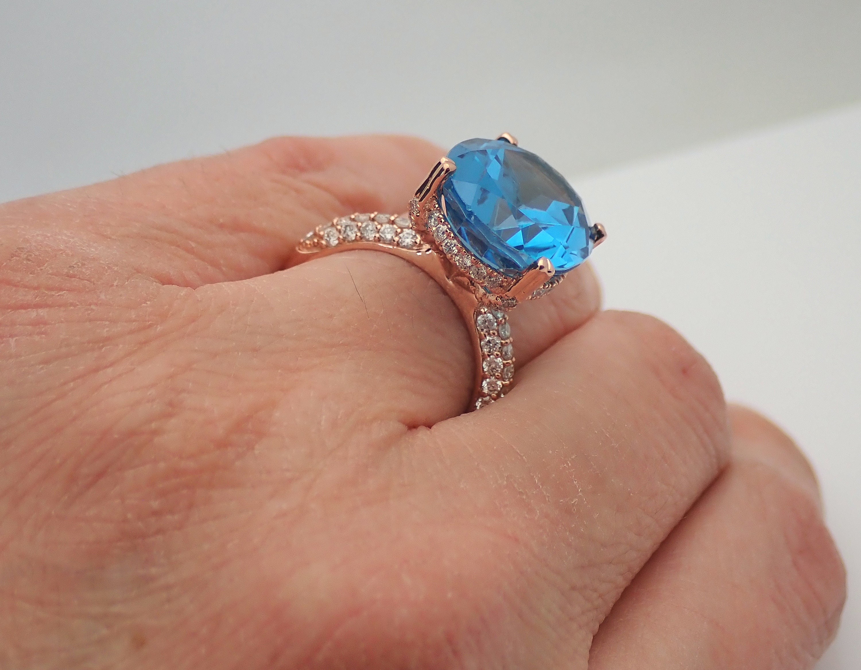 13 Carat Oval Blue Topaz And Diamond Engagement Ring 14K Rose Gold Size 13 Carat Oval Blue Topaz And Diamond Engagement Ring 14K Rose Gold Size