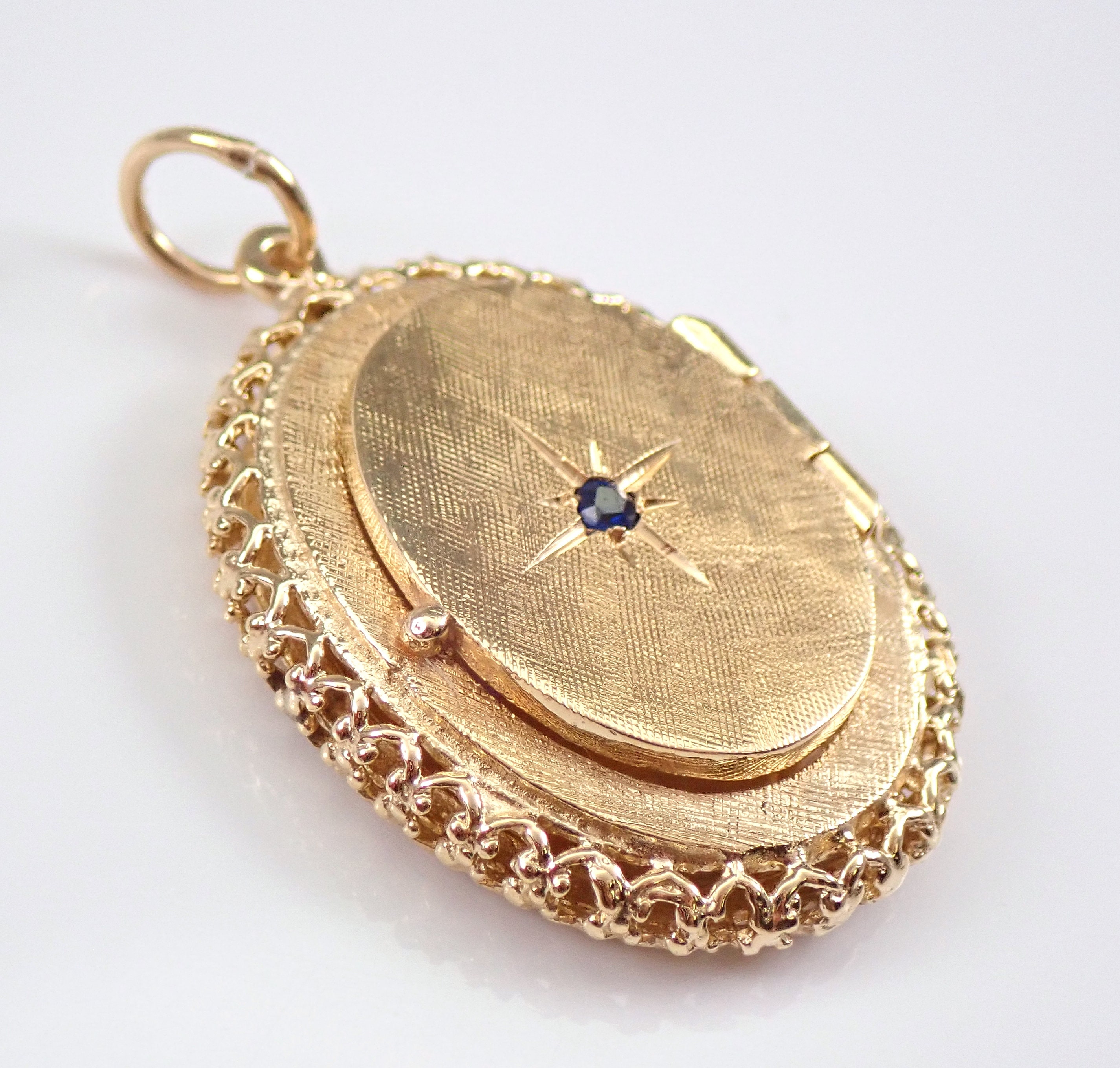 Vintage 14K Gold Sapphire Locket, Antique Sapphire Pendant Charm