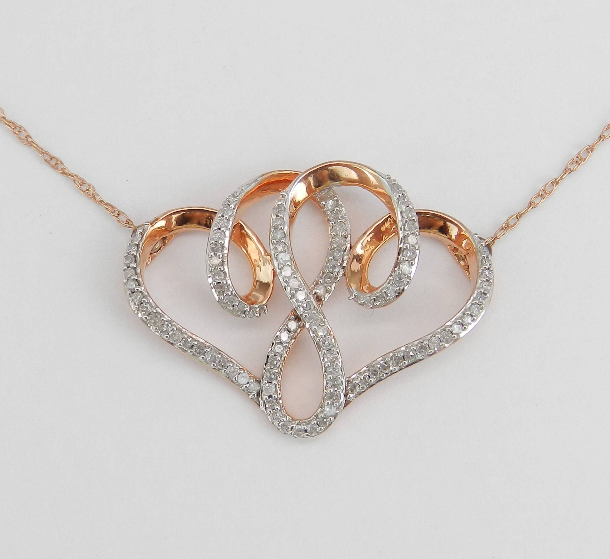 Double Diamond Heart Pendant Rose Gold Necklace Chain 18 Wedding Gift