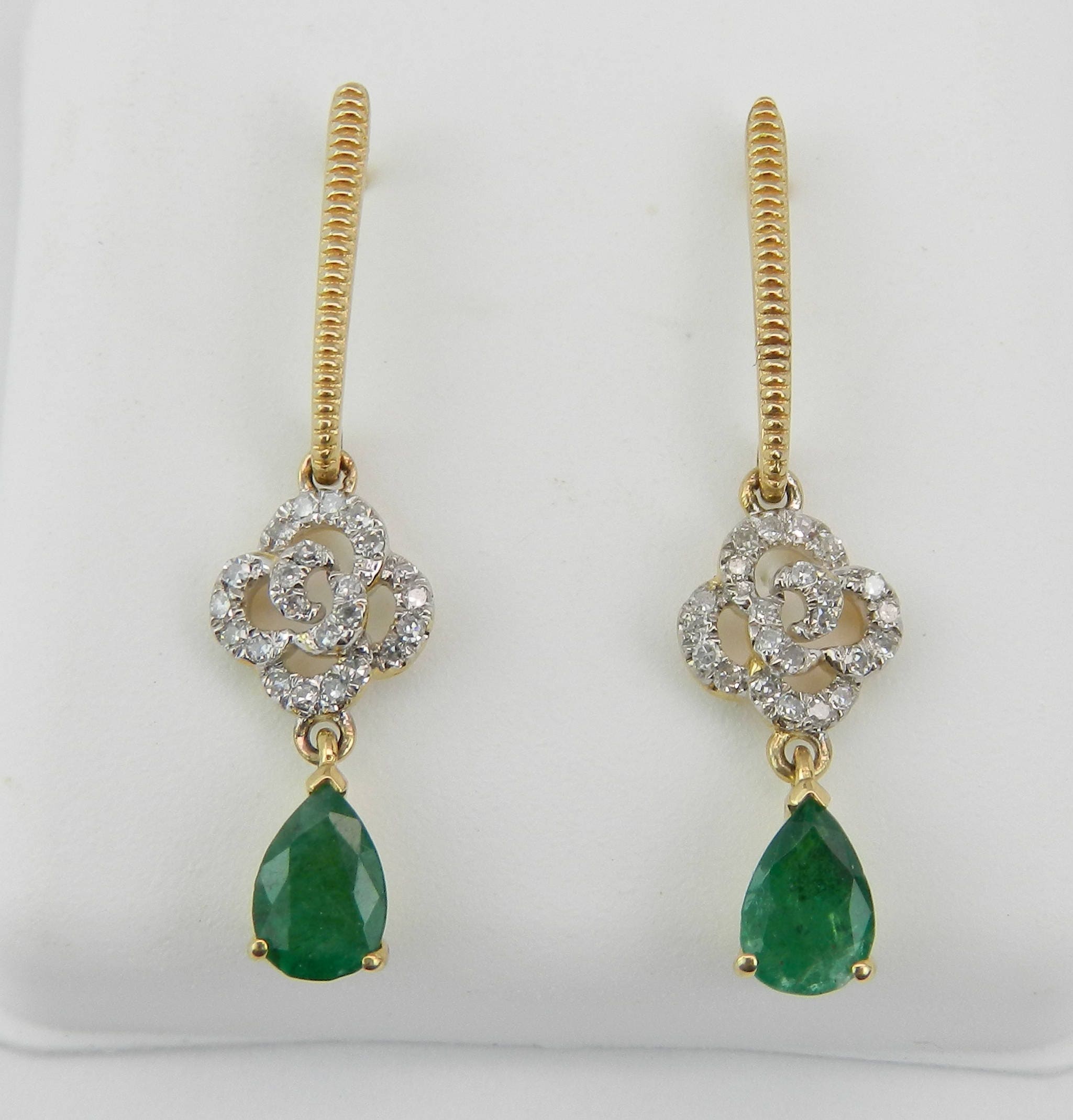 14K Yellow Gold Emerald and Diamond Drop Earrings Wedding Gift May ...