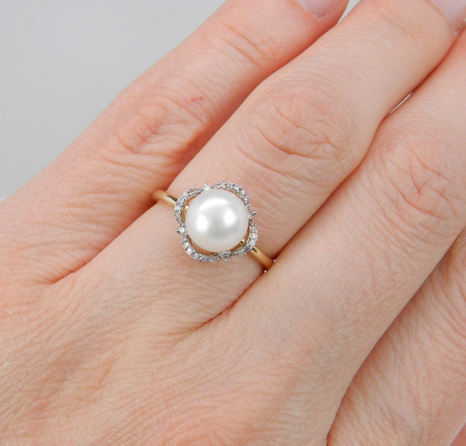 Diamond and Pearl Engagement Ring Promise Ring 14K Yellow Gold Size 7 ...