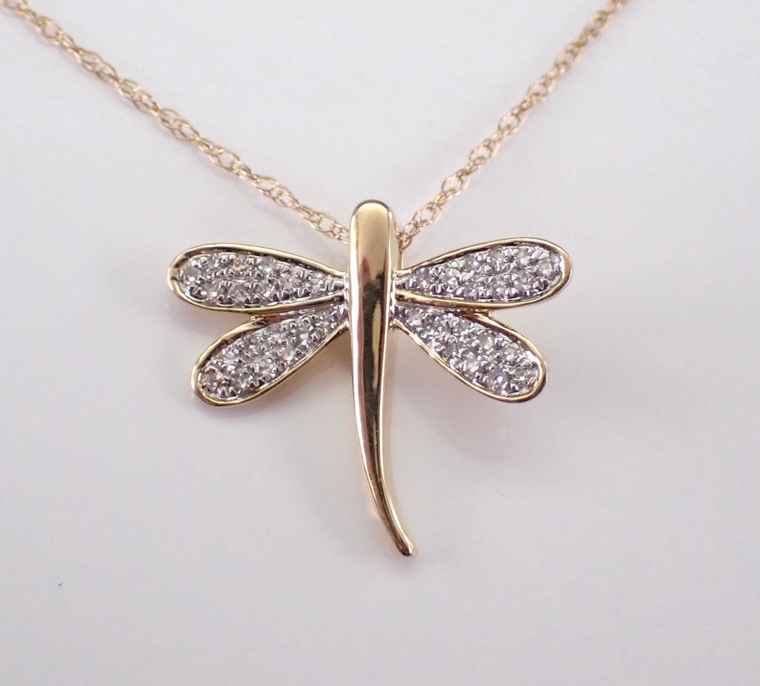 Diamond Dragonfly Pendant and Chain, Dainty Yellow Gold Charm Necklace ...