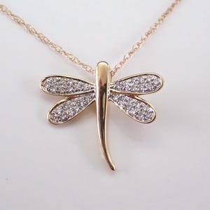 Diamond Dragonfly Pendant and Chain, Dainty Yellow Gold Charm Necklace ...