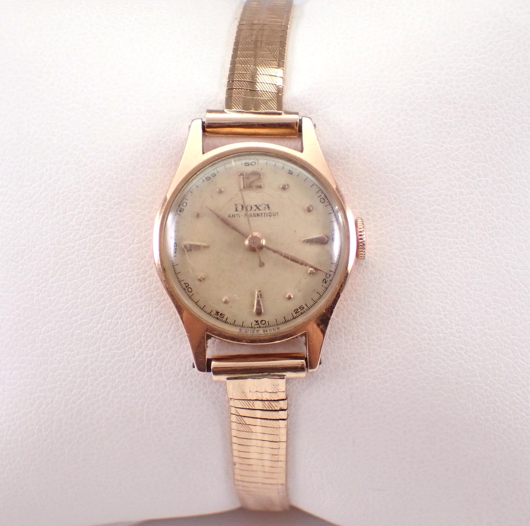 Vintage 14K Yellow Gold DOXA Watch, Estate Wristwatch Herringbone ...