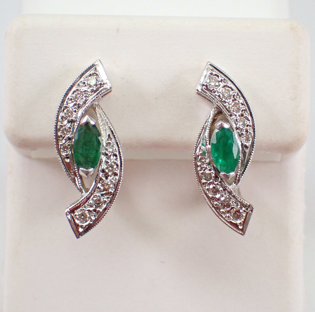 Emerald and Diamond Earrings - Vintage 14K White Gold Fine Jewelry Gift ...