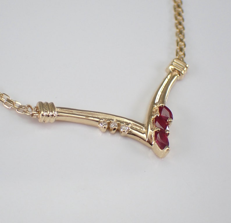 Vintage Ruby and Diamond V Necklace - 14K Yellow Gold Station Pendant ...