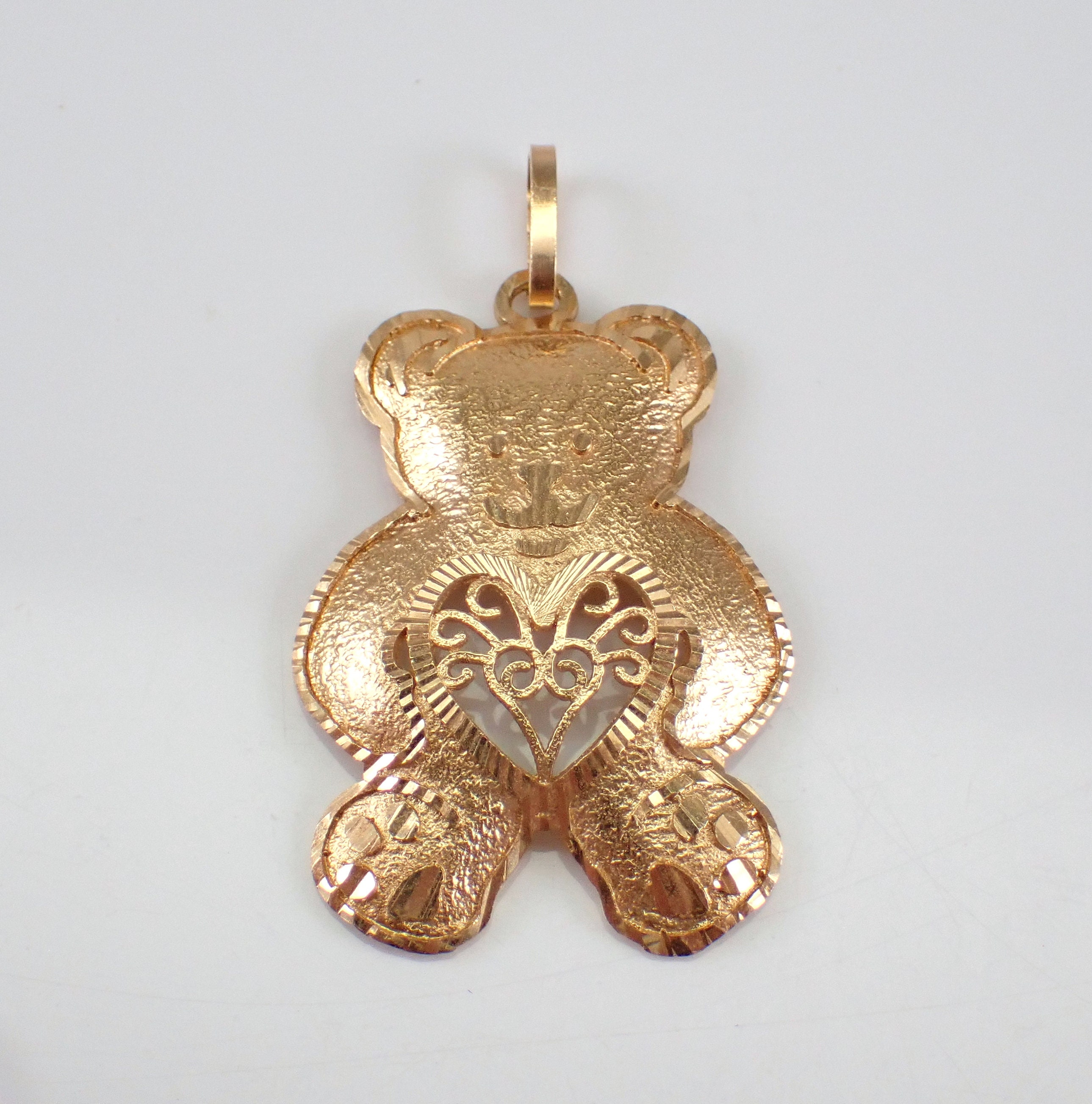 14K Yellow Gold Teddy Bear Charm, Vintage Adorable Filigree Heart ...
