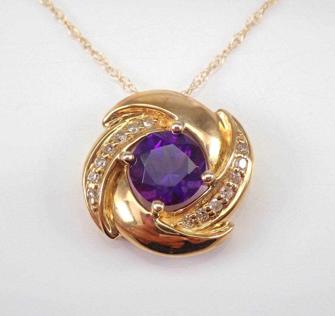 Genuine Amethyst Pendant Necklace - Solid Yellow Gold Diamond Halo ...