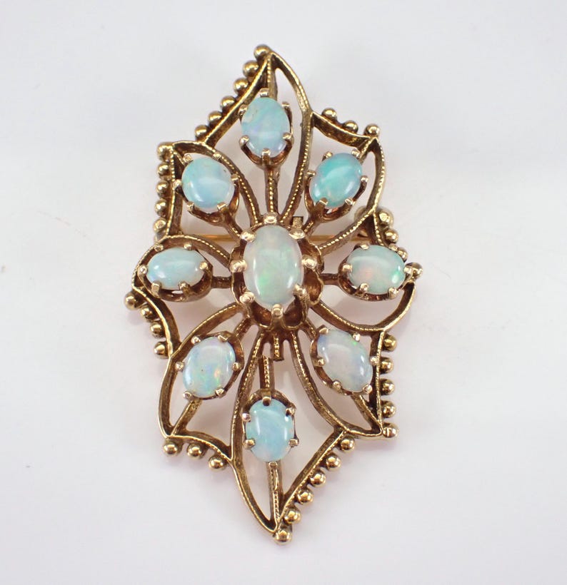 70s Vintage Opal Pendant Brooch - Antique 14K Solid Yellow Gold Dainty ...