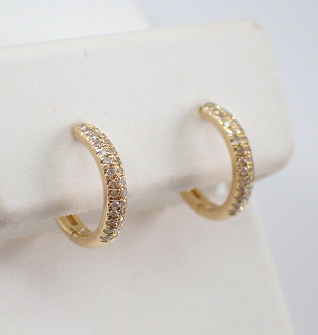 14K Gold Mini Diamond Hoop Huggie Earrings - Genuine Little Diamond ...