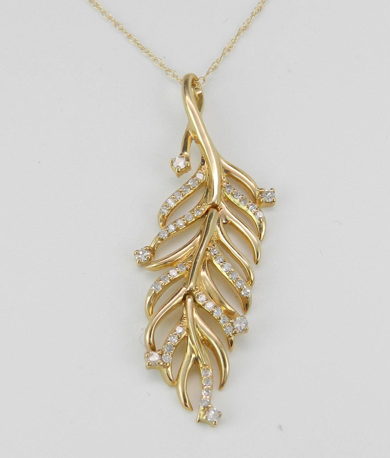 Diamond Feather Necklace Cluster Pendant 14K Yellow Gold 18 Chain ...