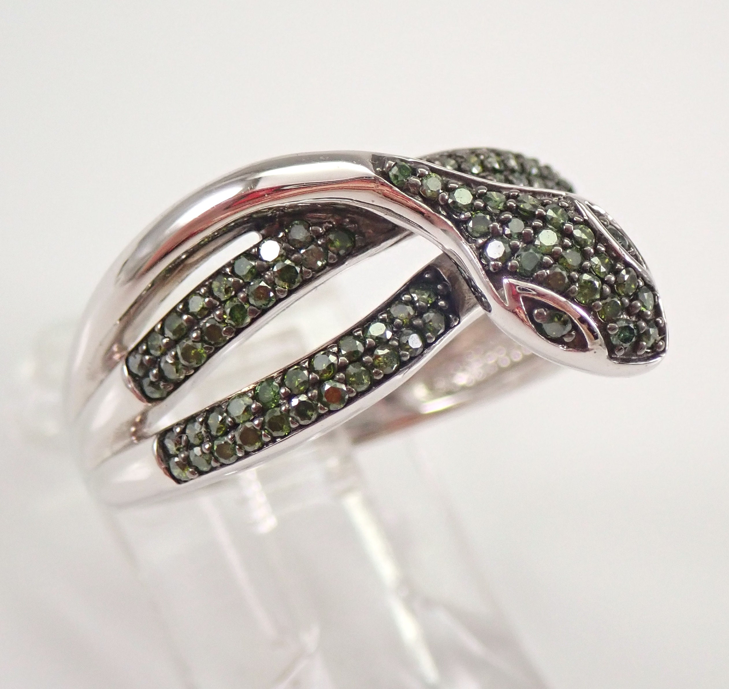 White Gold GREEN Diamond Snake Ring Size 7 Unique Wraparound Serpent Design