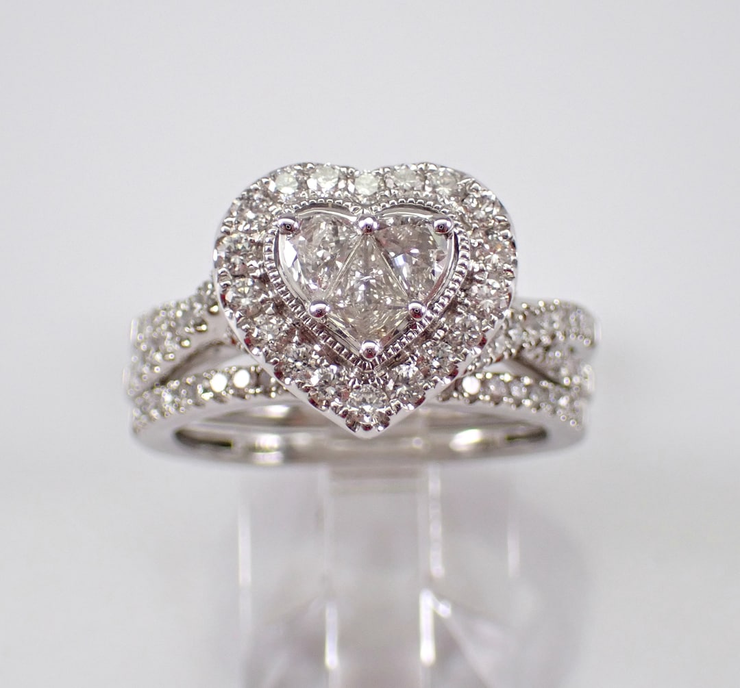 14K White Gold Diamond Heart Engagement Ring Set - Matching Wedding ...