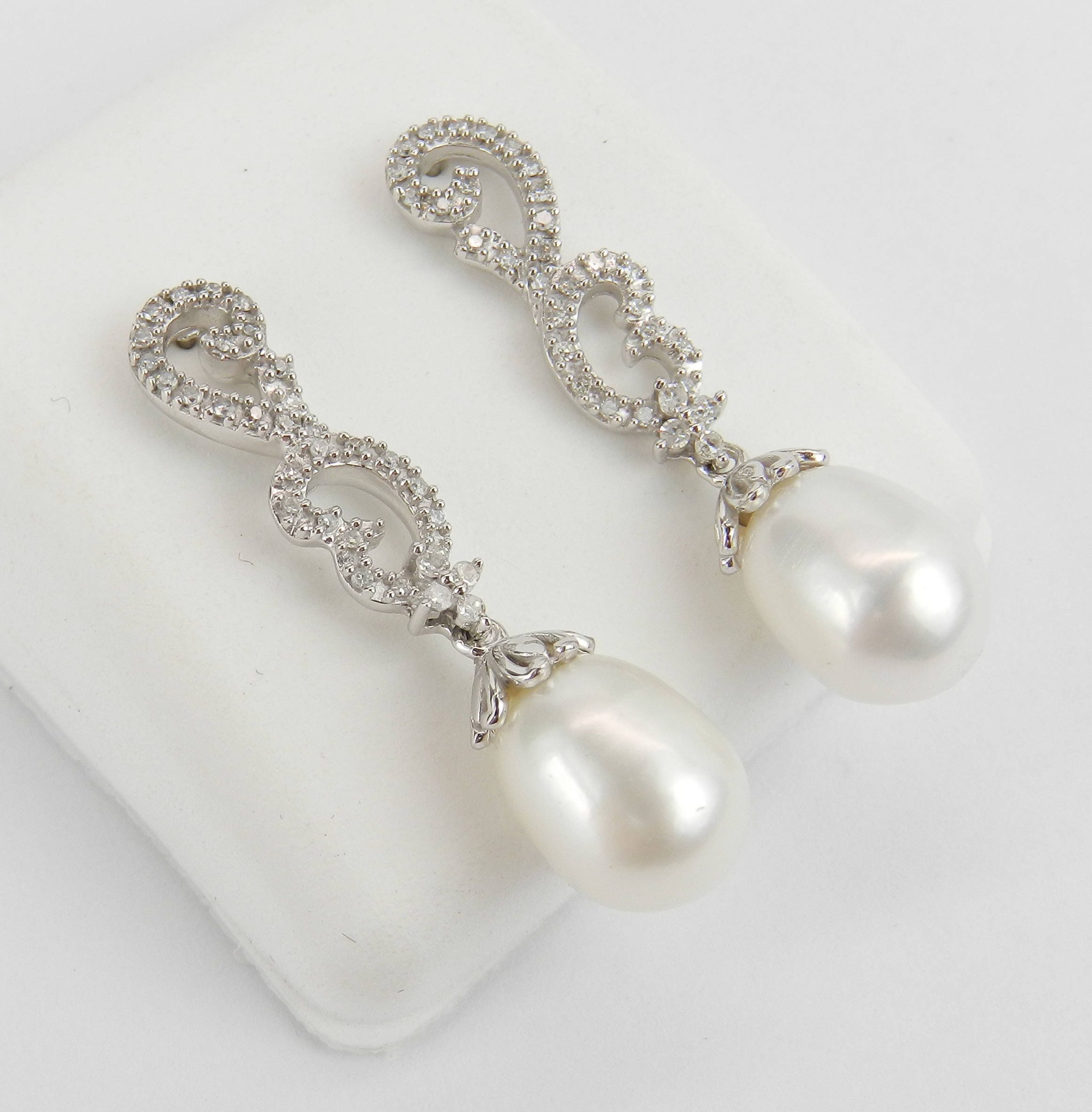 Pearl And Diamond Dangle Drop Earrings 14k White Gold June Birthstone