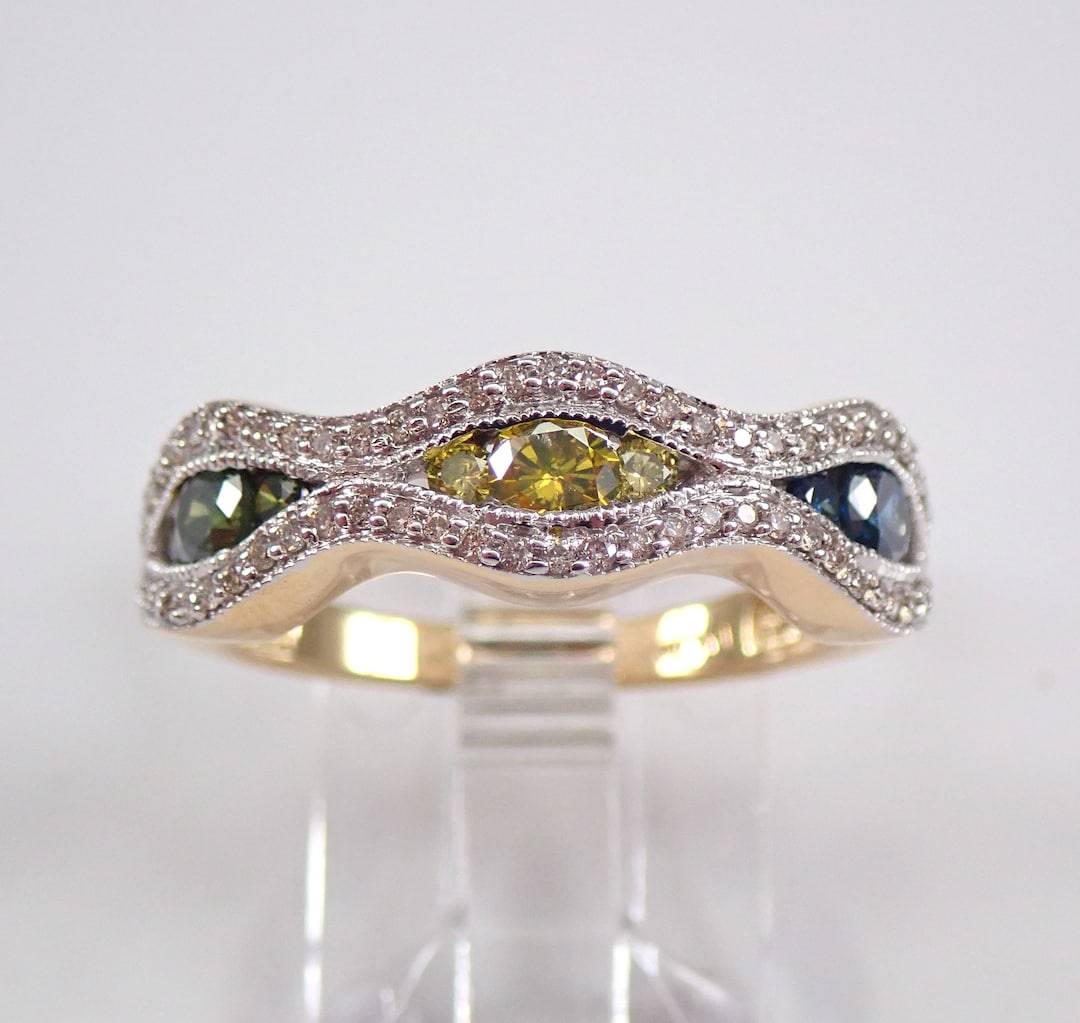Multi Colored Diamond Wedding Ring, Solid Yellow Gold Anniversary Band ...