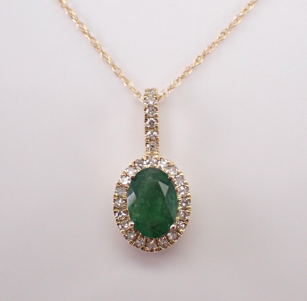 Emerald and Diamond Pendant and Chain - 14K Yellow Gold Gemstone Charm ...