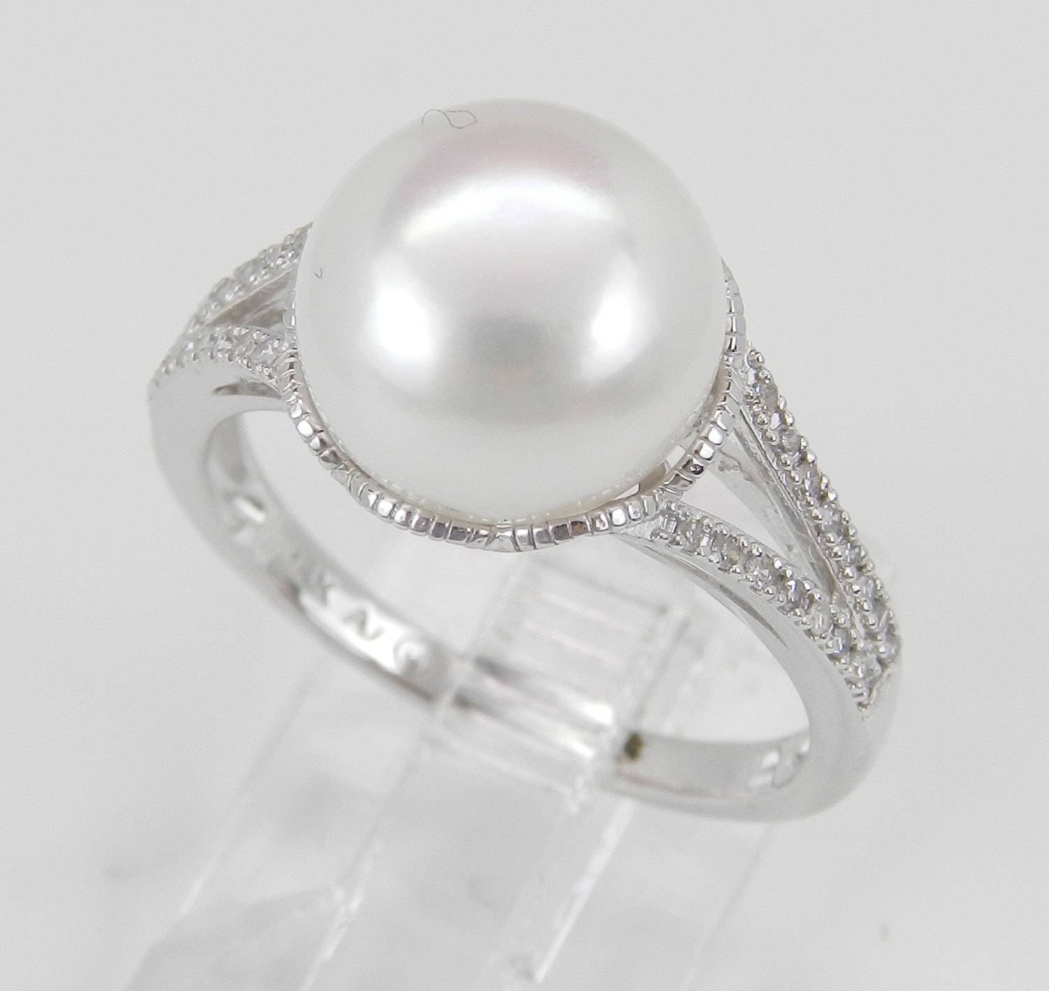 Pearl and Diamond Engagement Promise Ring 14K White Gold June ...