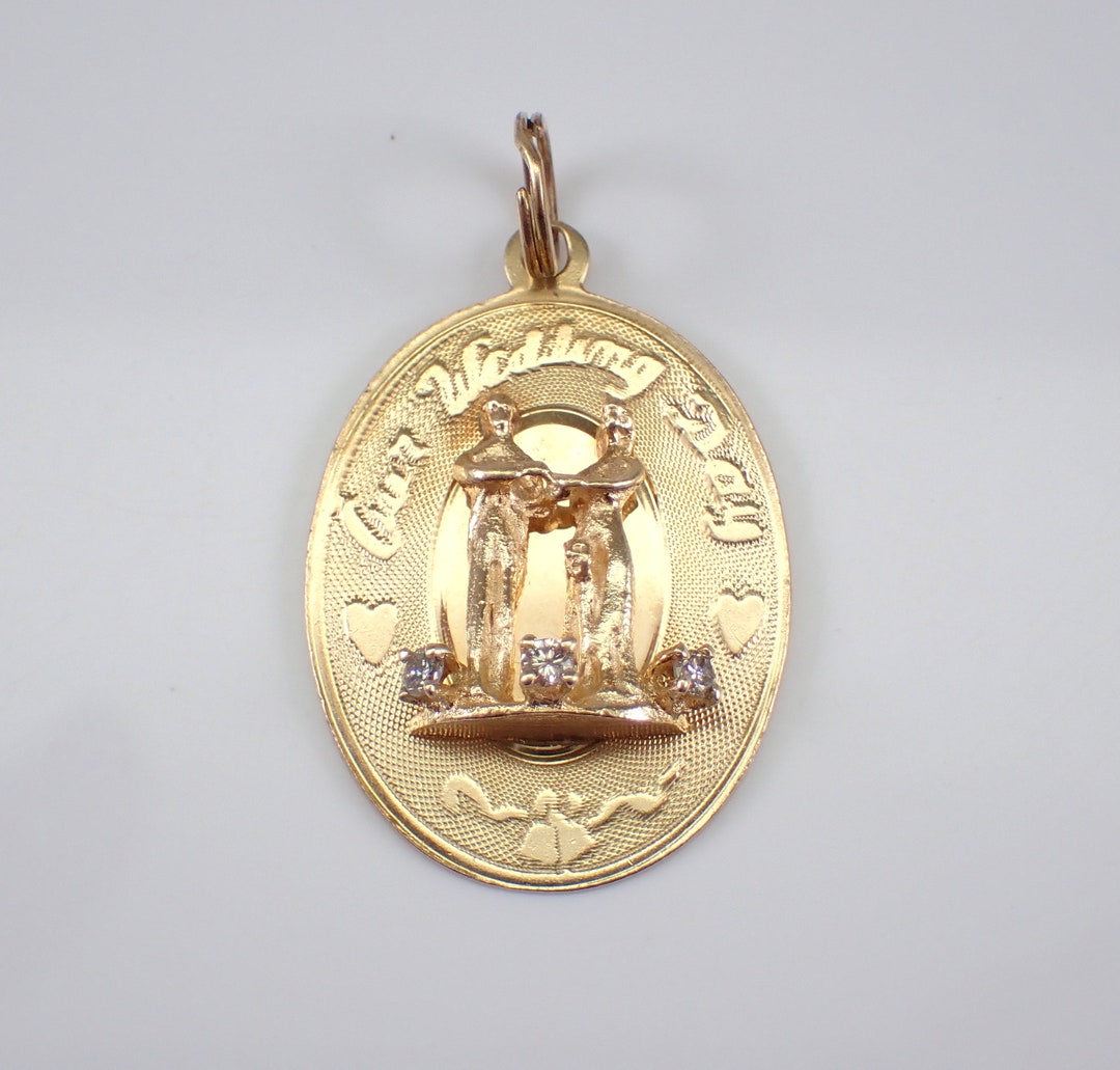 Vintage 14K Yellow Gold OUR WEDDING DAY Charm, Estate Diamond Oval Disk ...