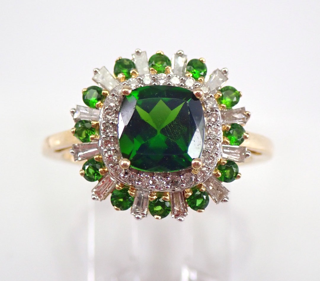 Chrome Diopside and Diamond Ring - Solid Yellow Gold Cushion Cut Shape ...