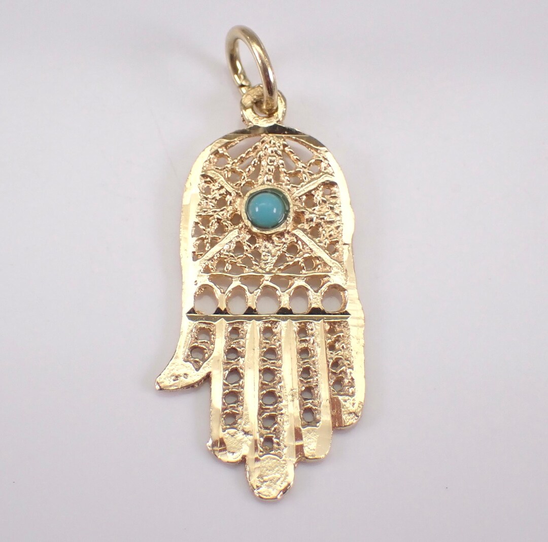 Antique 14K Yellow Gold Hamsa Charm, Unique Turquoise Jewish Hand of ...