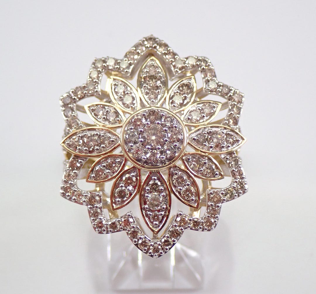 Genuine Diamond Flower Cocktail Ring - Yellow Gold Floral Anniversary ...