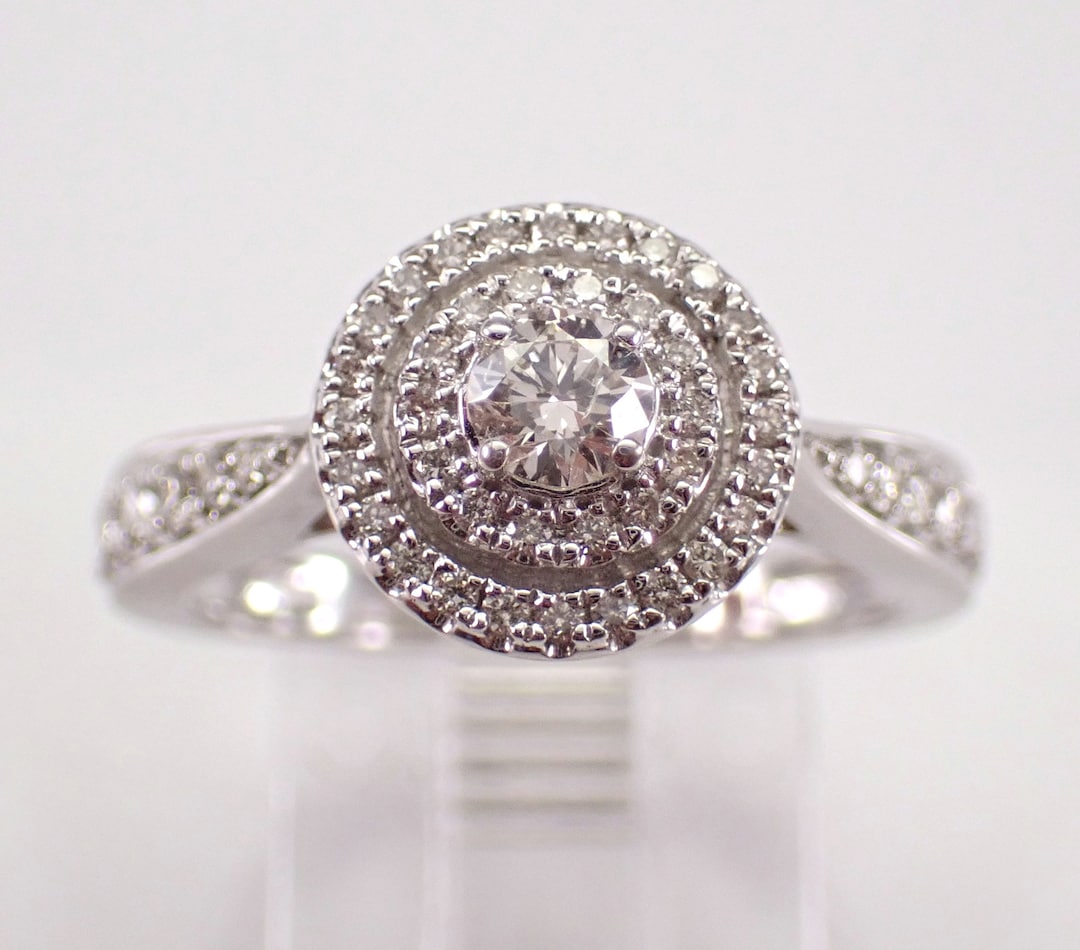 Double Halo Diamond Engagement Ring - Solid White Gold Bridal Promise ...