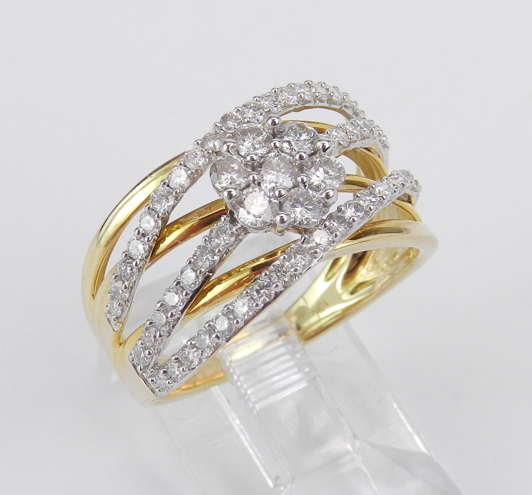 RESERVED Yellow Gold 1.00ct Diamond Cluster Ring Multi Row Anniversary ...