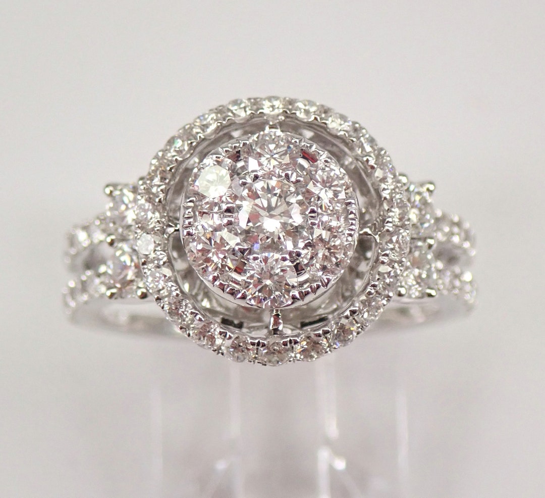 18K White Gold Diamond Engagement Ring - Floating Diamond Cluster Halo ...