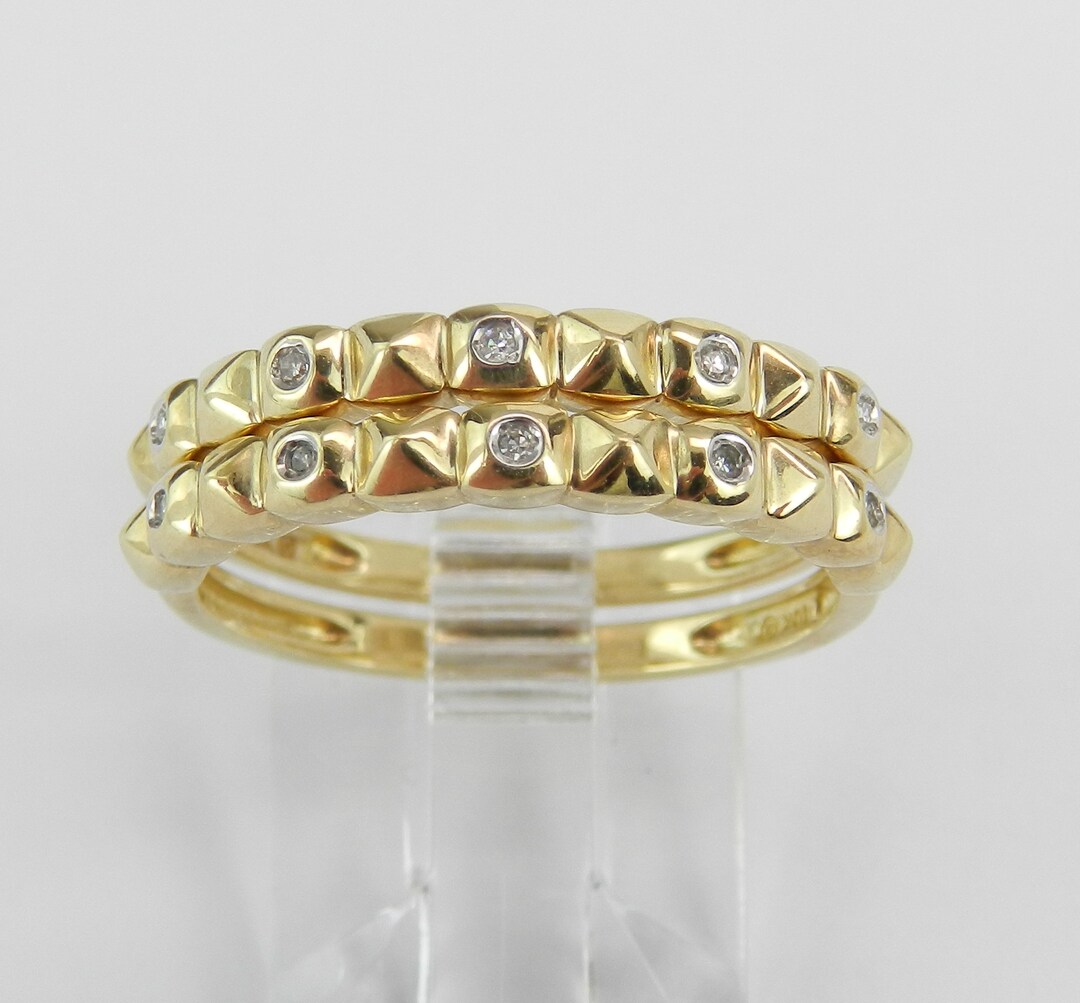 Set of 2 Solid Gold Bands, Diamond Wedding Ring, Stackable Anniversary ...