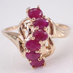Vintage 14K Yellow Gold Ruby Ring, Elongated Cluster Gemstone Band ...