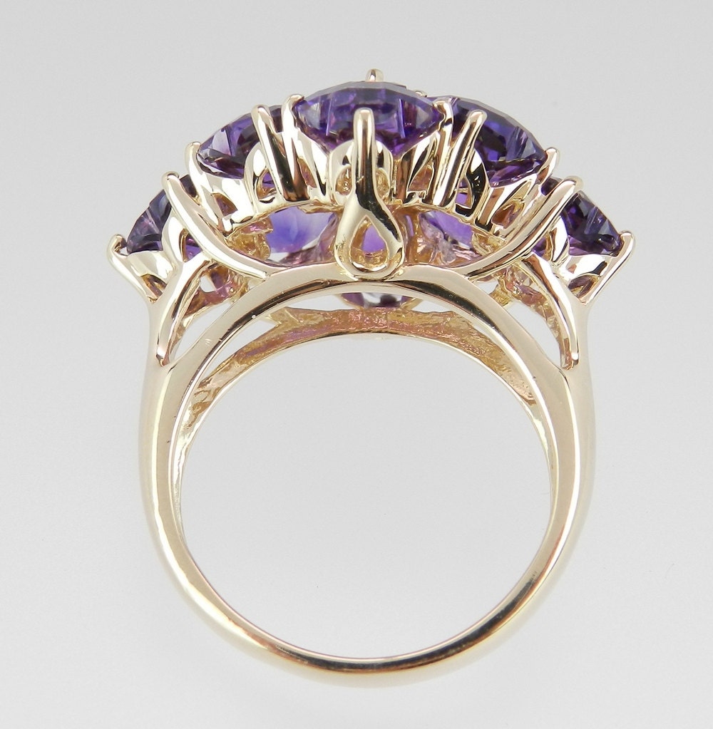 Amethyst Ring Statement Cluster Ring Purple 14K Yellow Gold Size 8 ...