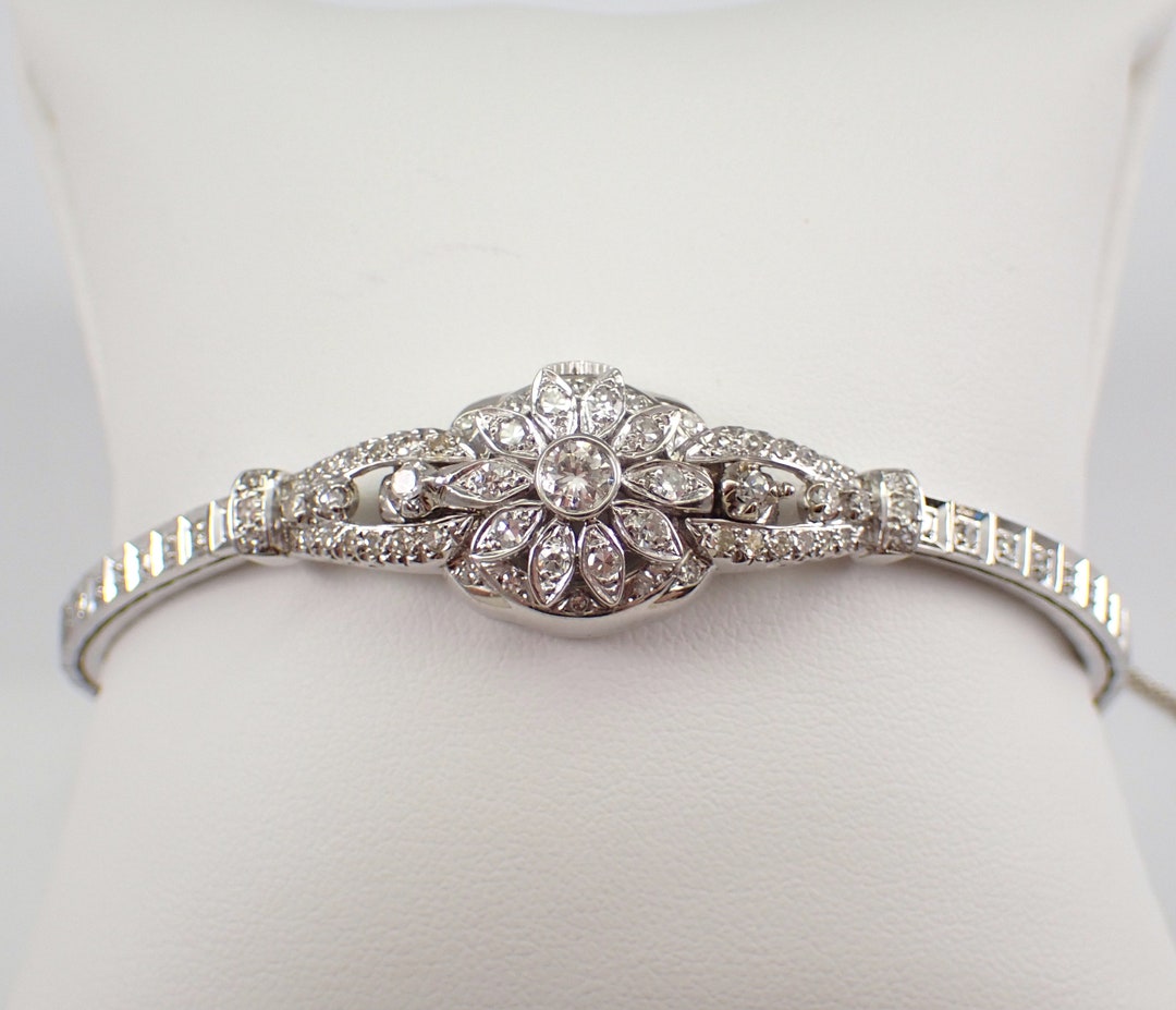 Antique Diamond Watch Bracelet Vintage 14K White Gold HAMILTON ...
